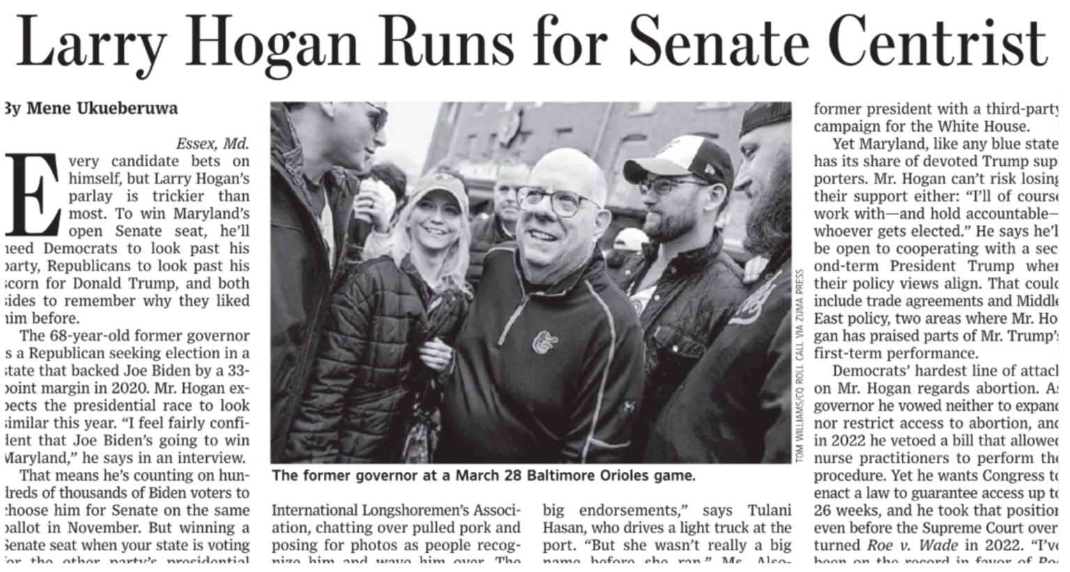 WSJ: Larry Hogan Runs for Senate Centrist - Governor Larry Hogan